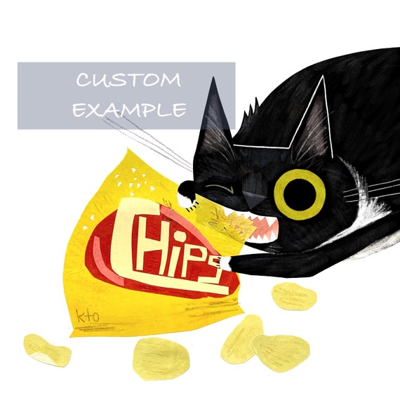 Cat Crispy Chips Print Black Cat Illustration Cute Cat Art | Etsy