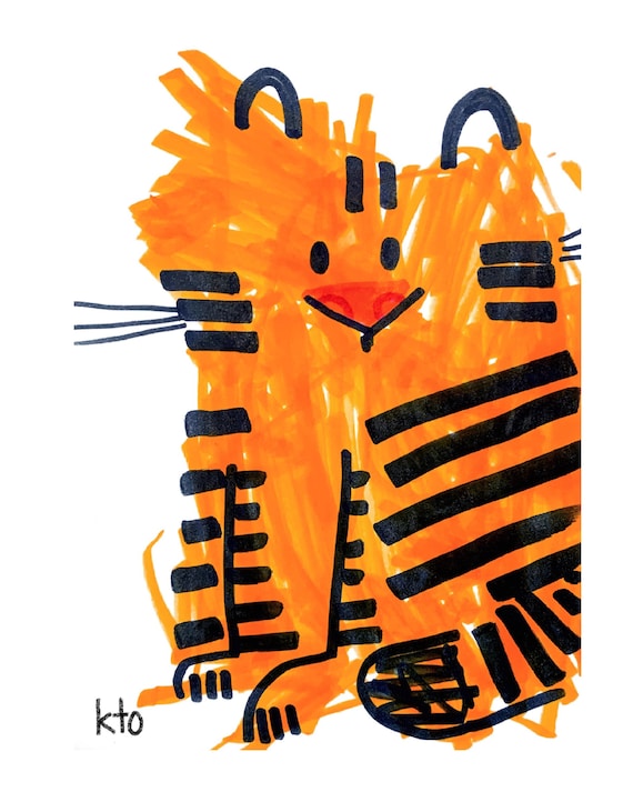 Tiger Doodle Cute Art Print Kid Art Scribble Cat | Etsy