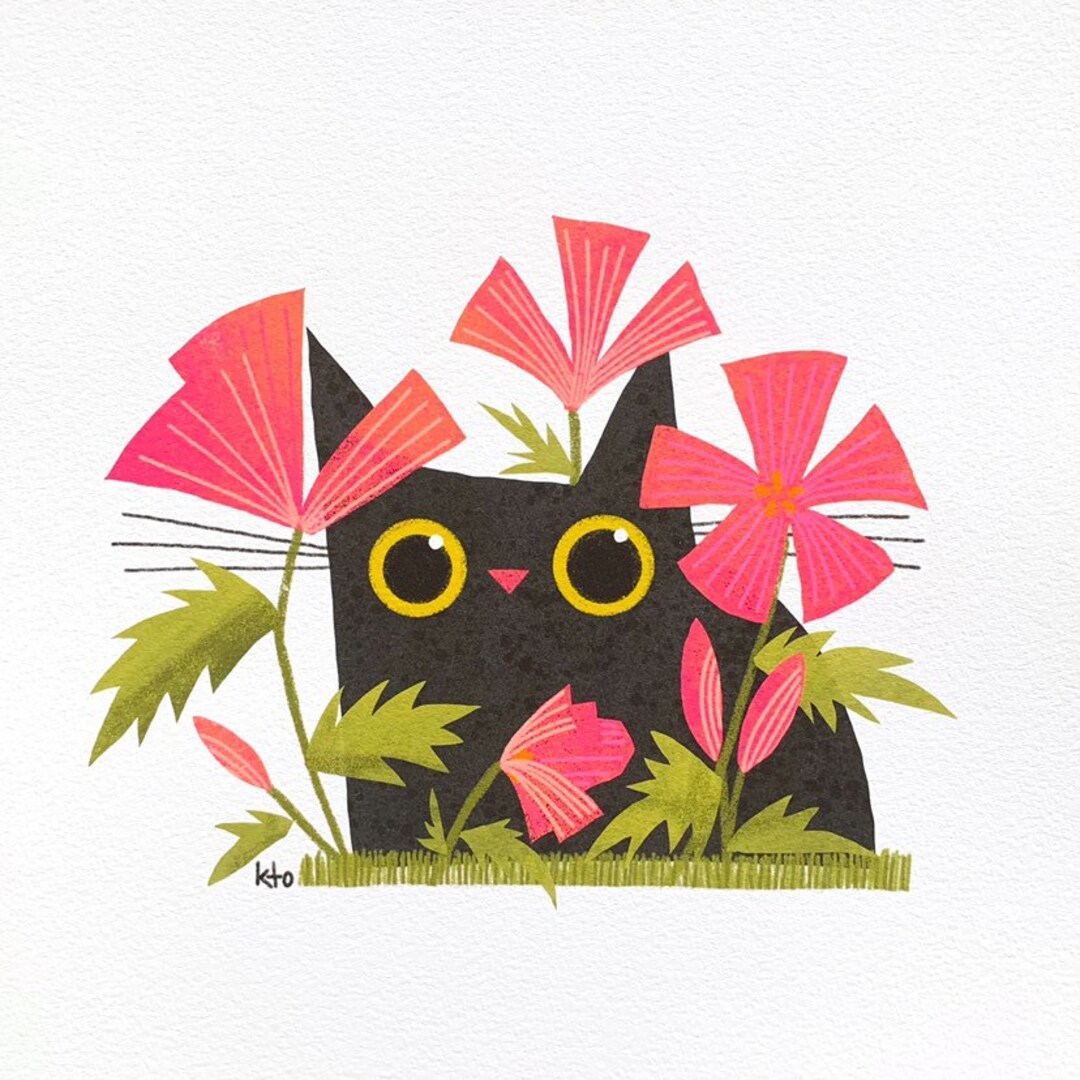 Cat Flower Art Print - Happy Place Pink - Cat Illustration - Black Cat ...