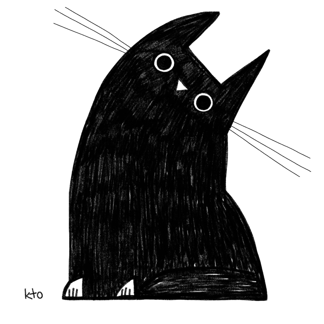 Curious Black Cat Illustration - Cat Drawing - Black and White - Etsy