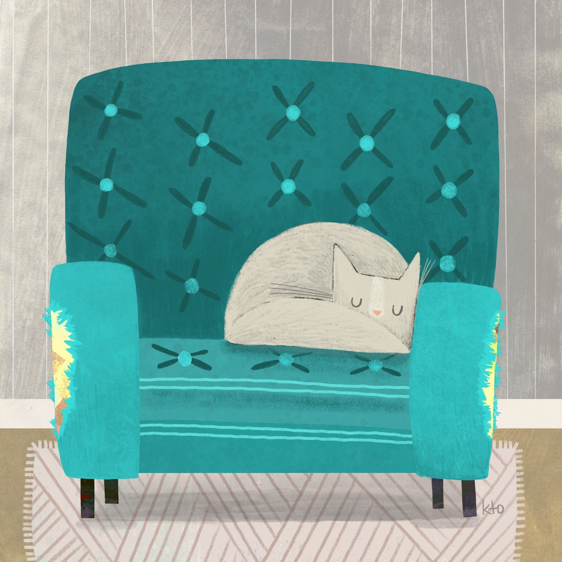 Grey White Cat Chair Art Print - Cat Illustration - Cat Lover Gift - Etsy