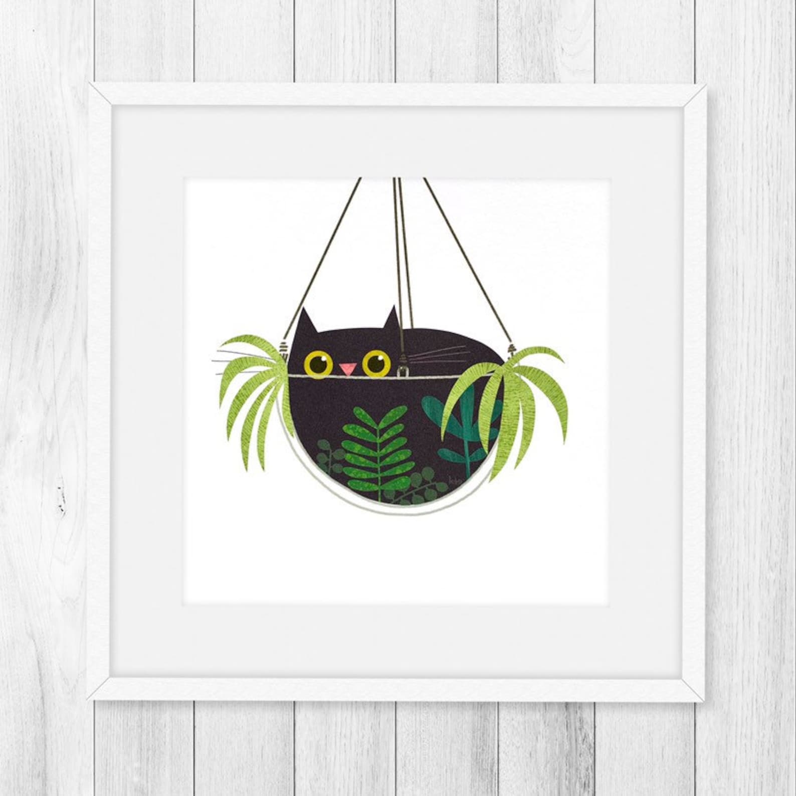 Cat Plant Art Print Cute Cat Illustration Black Cat | Etsy
