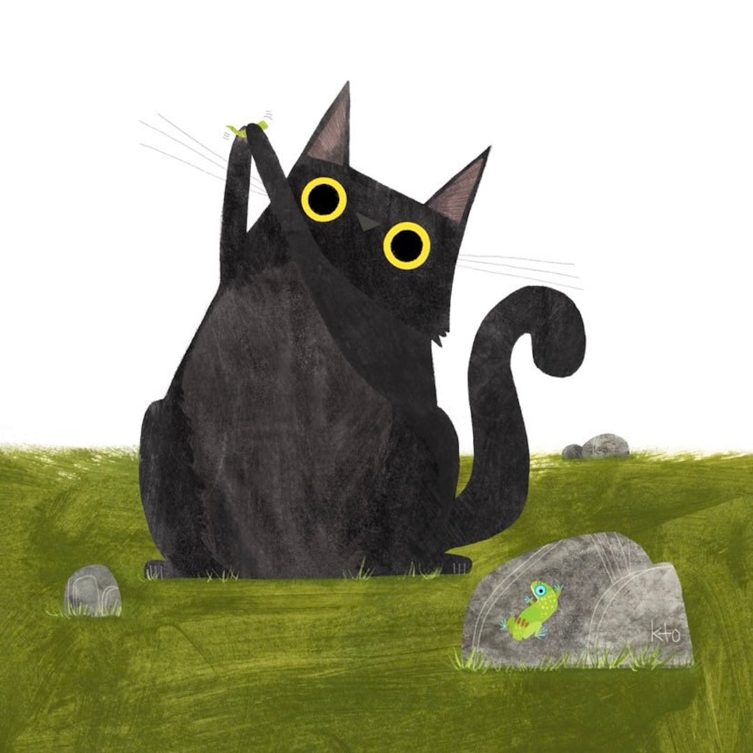 Cat Gecko Lizard Print - Black Cat Illustration - Cute Cat Art - Etsy