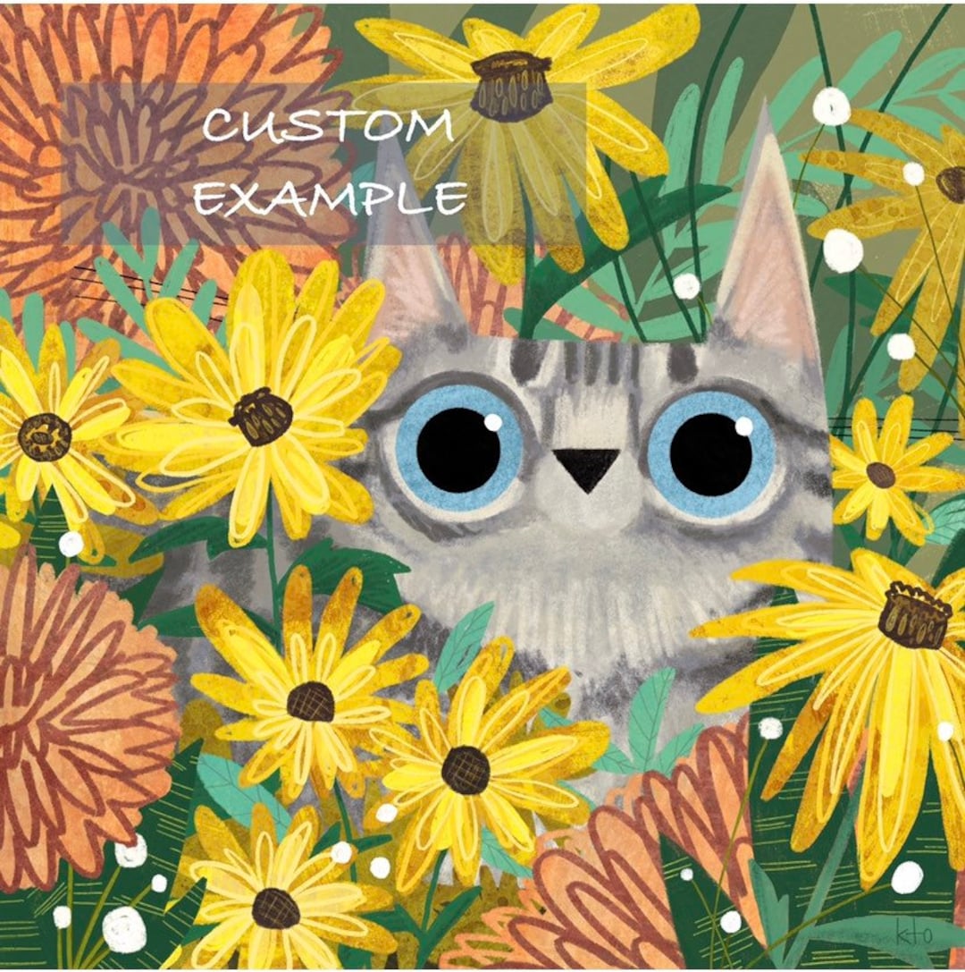 CUSTOM 8x8 Wildflower Cat Art Print - Black Eyed Susans - Illustration ...