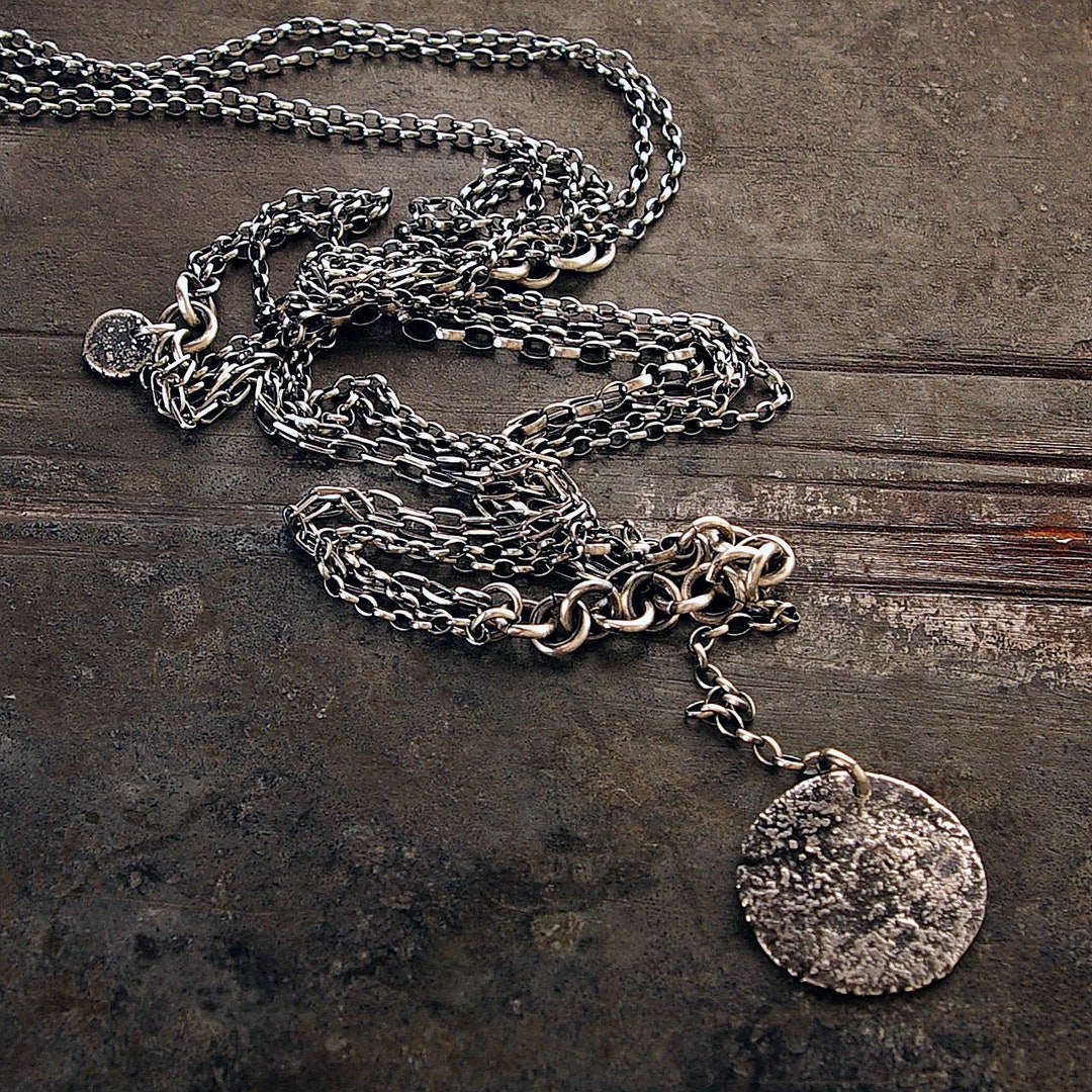 Raw Silver Moon Necklace Handmade of Sterling Silver Long Multi Chain ...