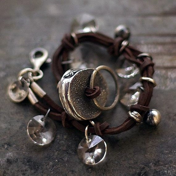 Sterling Silver and Leather Bracelet Swarovski Crystals - Etsy