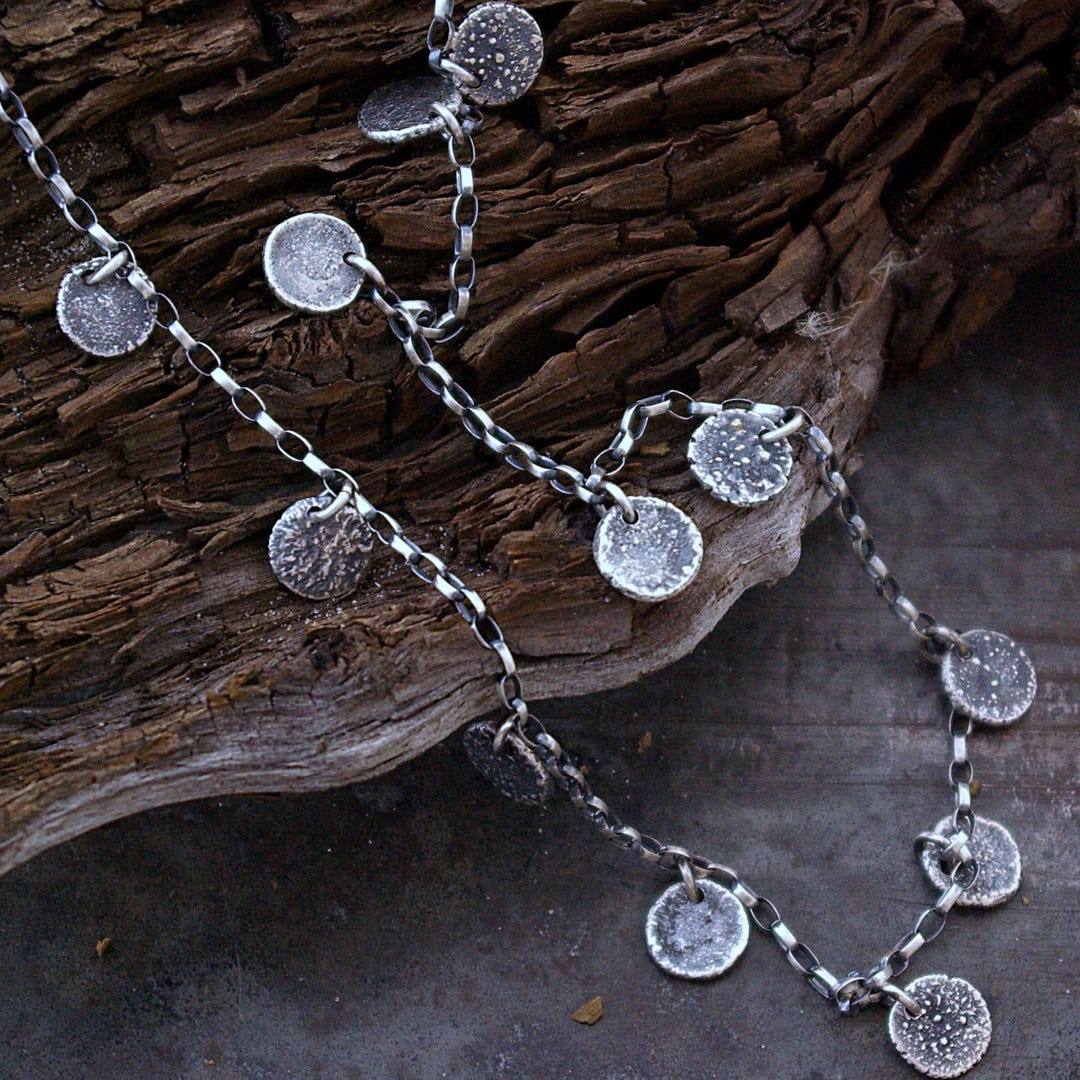 Hand Forged Coins 925 Silver Necklace Oxidized Raw Silver Finish Disks ...
