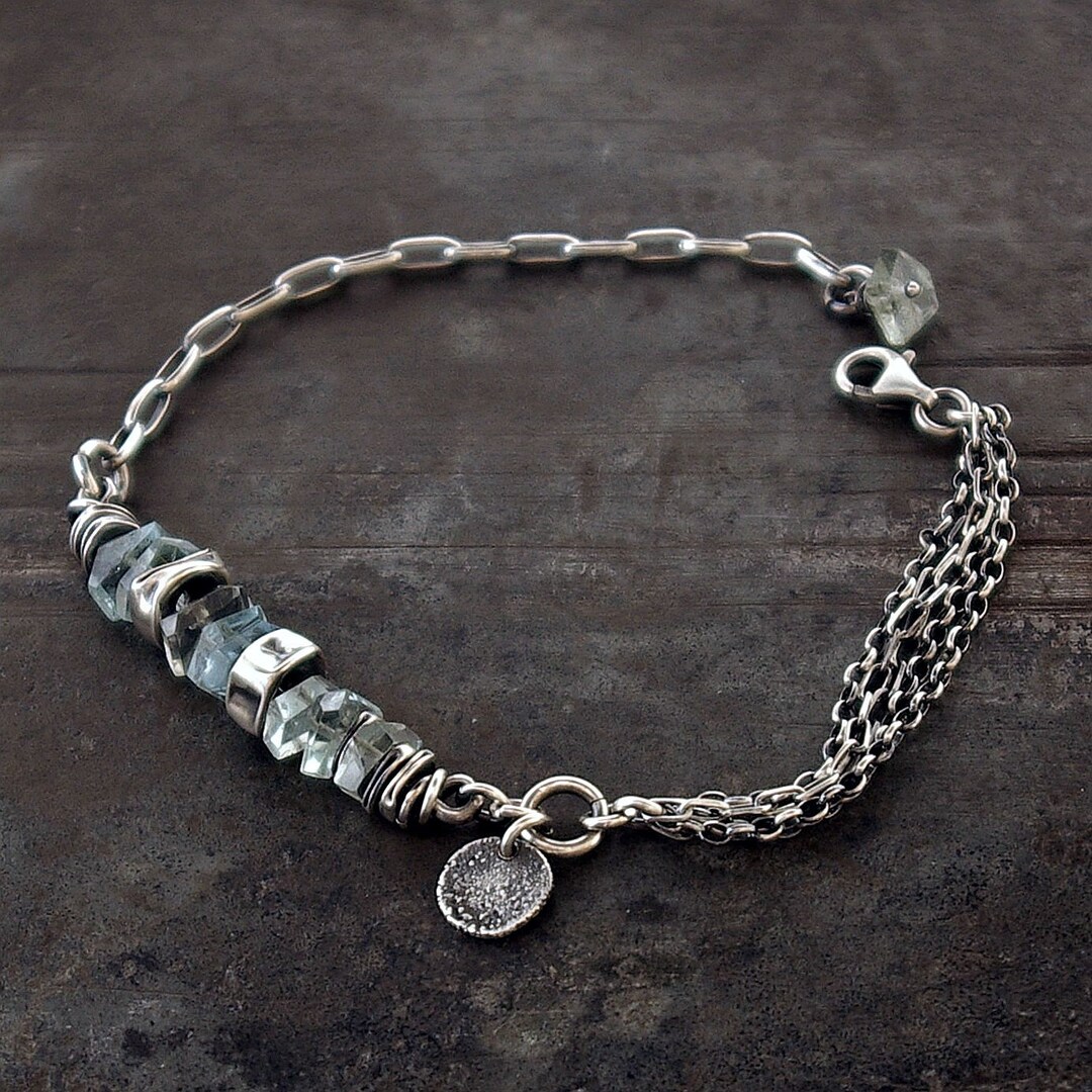 Light Blue Aquamarine Multi Chain Bracelet Oxidized Sterling Silver ...