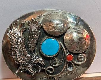 Turquoise Red Coral Buffalo Nickel Belt Buckle Squash Blossom Chief ...