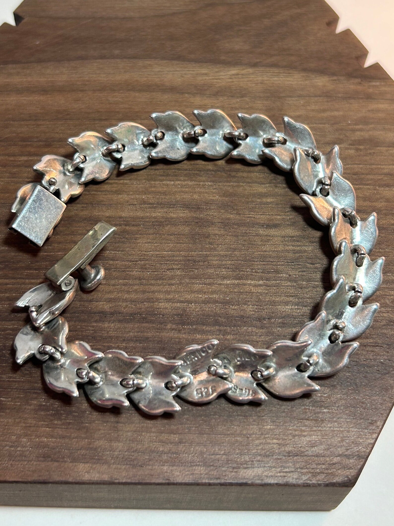 Taxco Sterling Bracelet 7.25" Tilo 40g Leaves Fox Faces Mid Century 925 ...