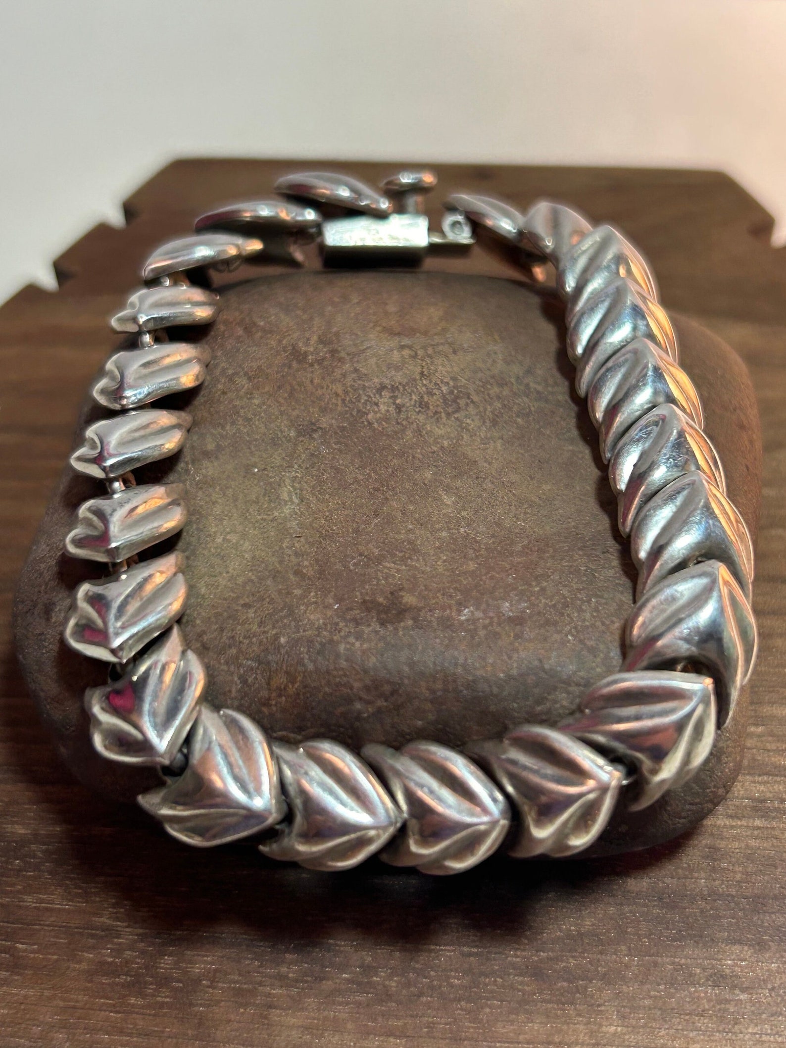Taxco Sterling Bracelet 7.25" Tilo 40g Leaves Fox Faces Mid Century 925 ...
