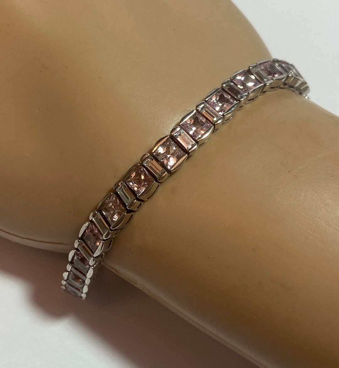Pink Topaz Sterling Tennis Bracelet 6.5" Cubic Zirconia Multi Stone 925 ...