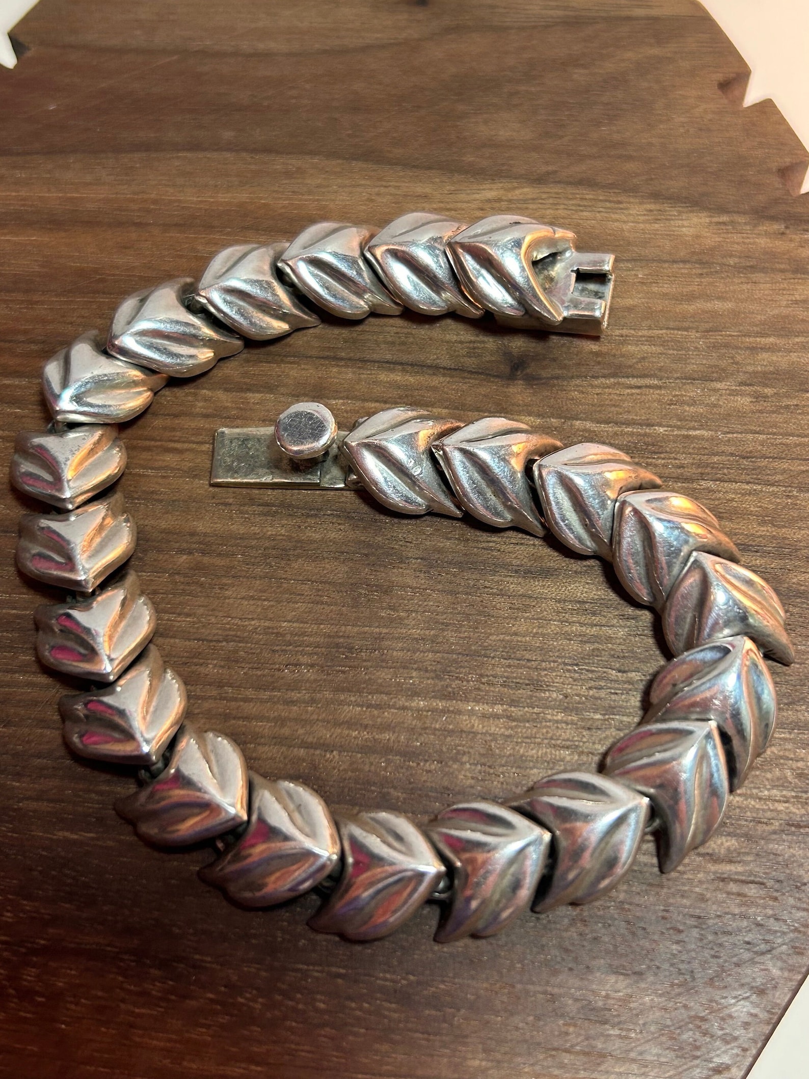 Taxco Sterling Bracelet 7.25" Tilo 40g Leaves Fox Faces Mid Century 925 ...