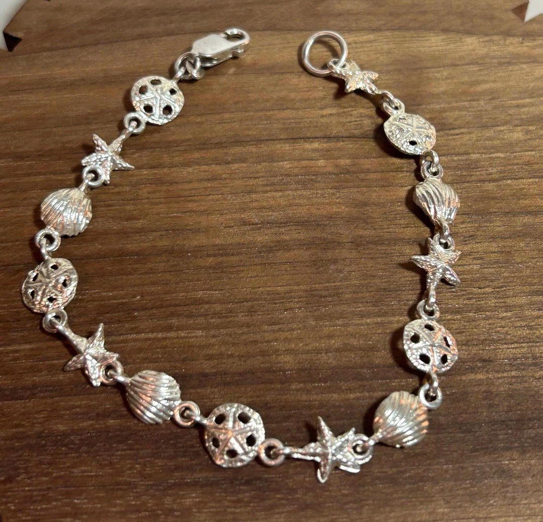 Sterling Nautical Charm Bracelet 7" Sand Dollar Starfish Clam Shell Sea ...