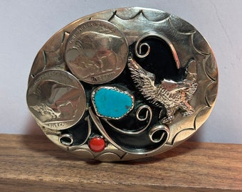 Turquoise Red Coral Buffalo Nickel Belt Buckle Squash Blossom Chief ...