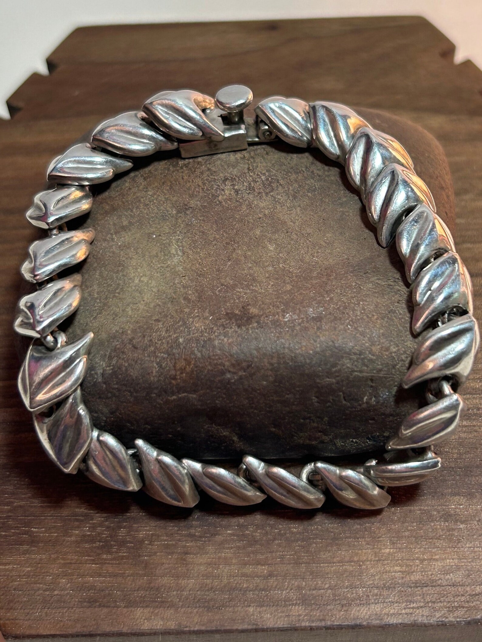 Taxco Sterling Bracelet 7.25" Tilo 40g Leaves Fox Faces Mid Century 925 ...