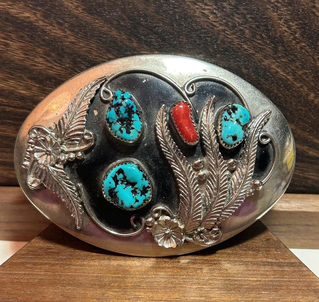 Navajo Turquoise Red Coral Squash Blossom Belt Buckle Nickel Sterling ...