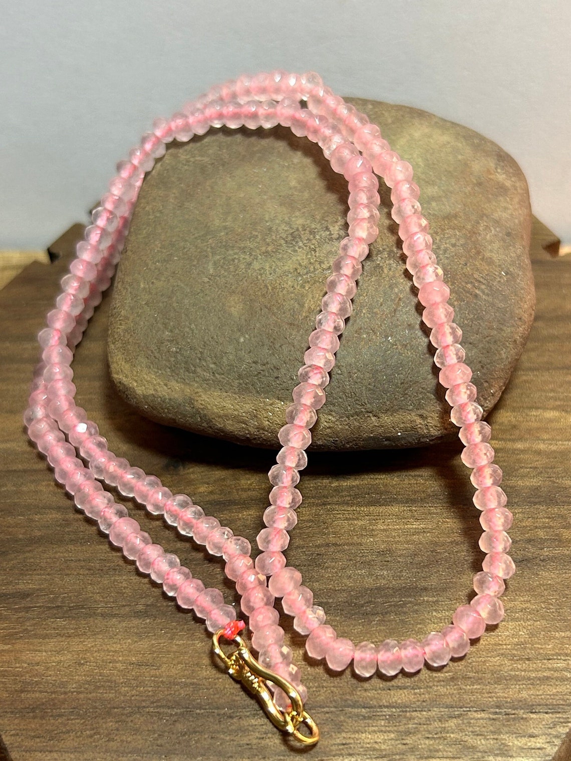 14K Watermelon Pink Jade Necklace 18" 14KT Yellow Gold 925 Sterling ...
