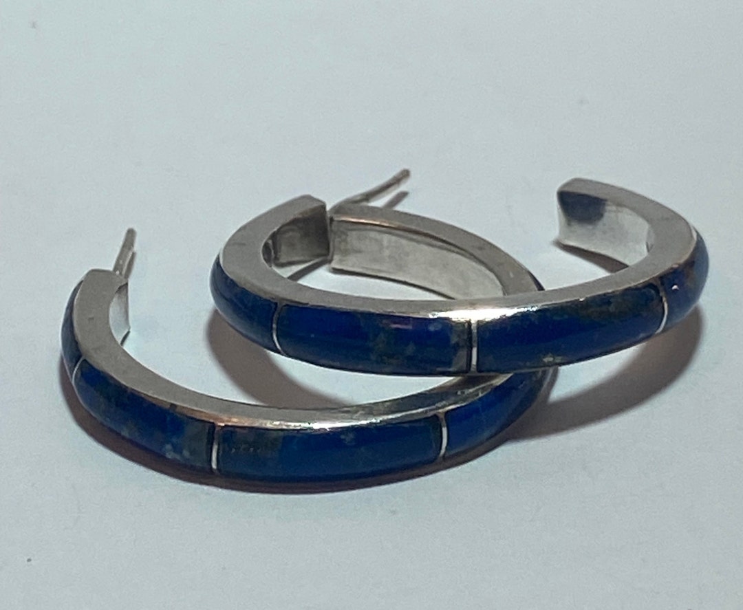 Inca Sodalite 950 Sterling Hoops Earrings Silver Vintage Southwestern ...