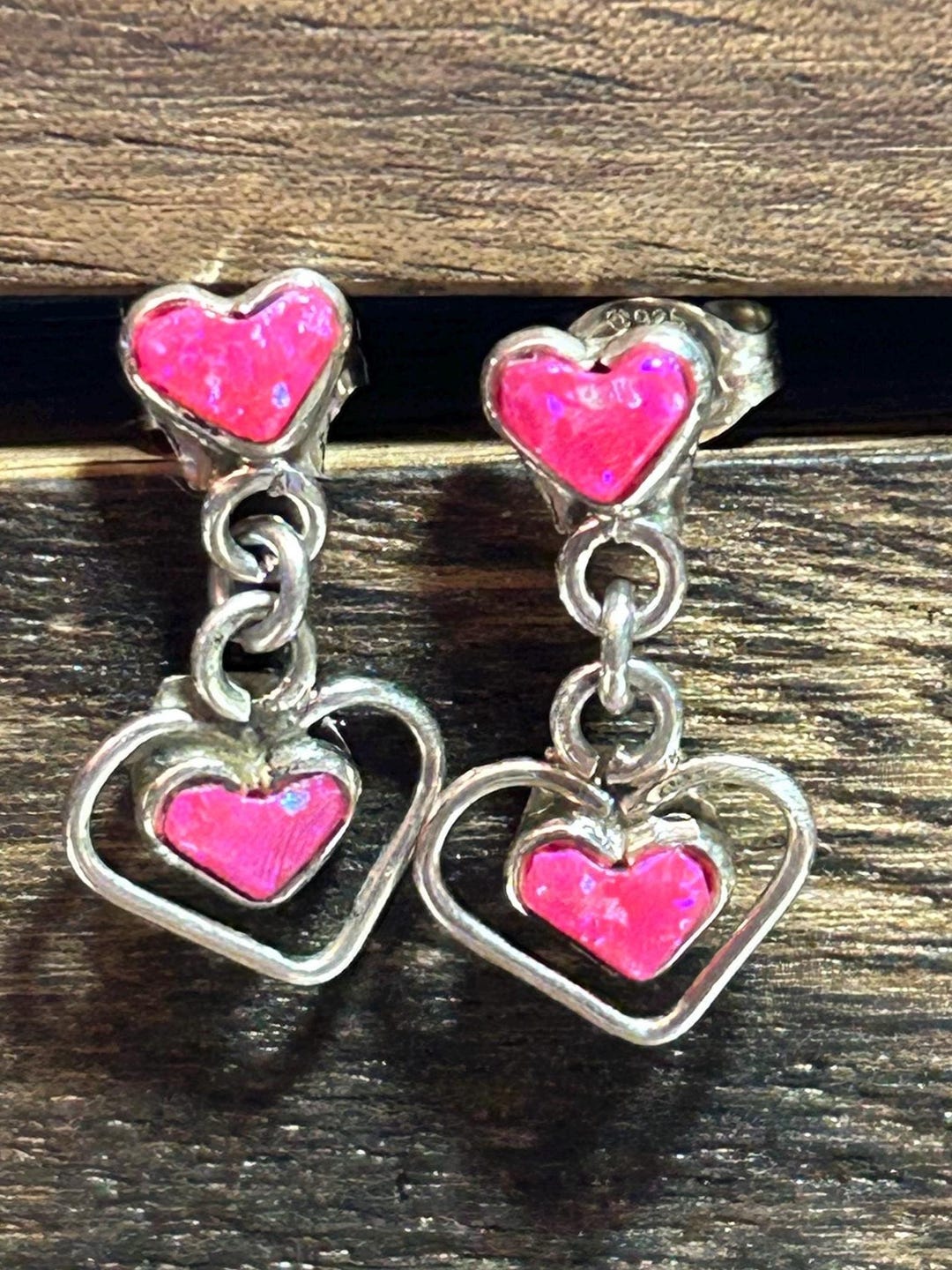 Zuni Pink Fire Opal Sterling Heart Earrings 925 Silver Vintage Jewelry ...
