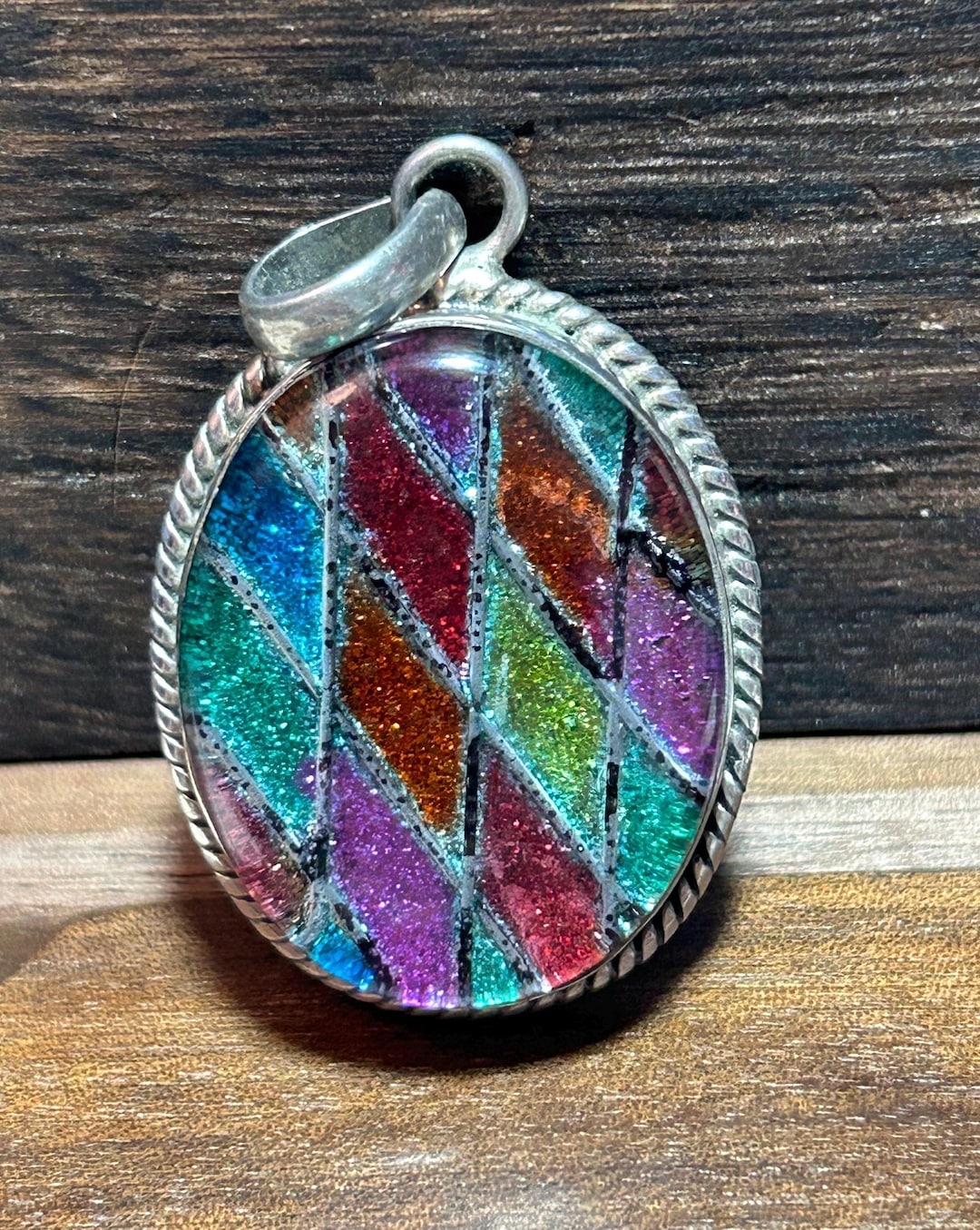 Dichroic Glass Sterling Pendant 925 Silver Diamond Purple Turquoise ...