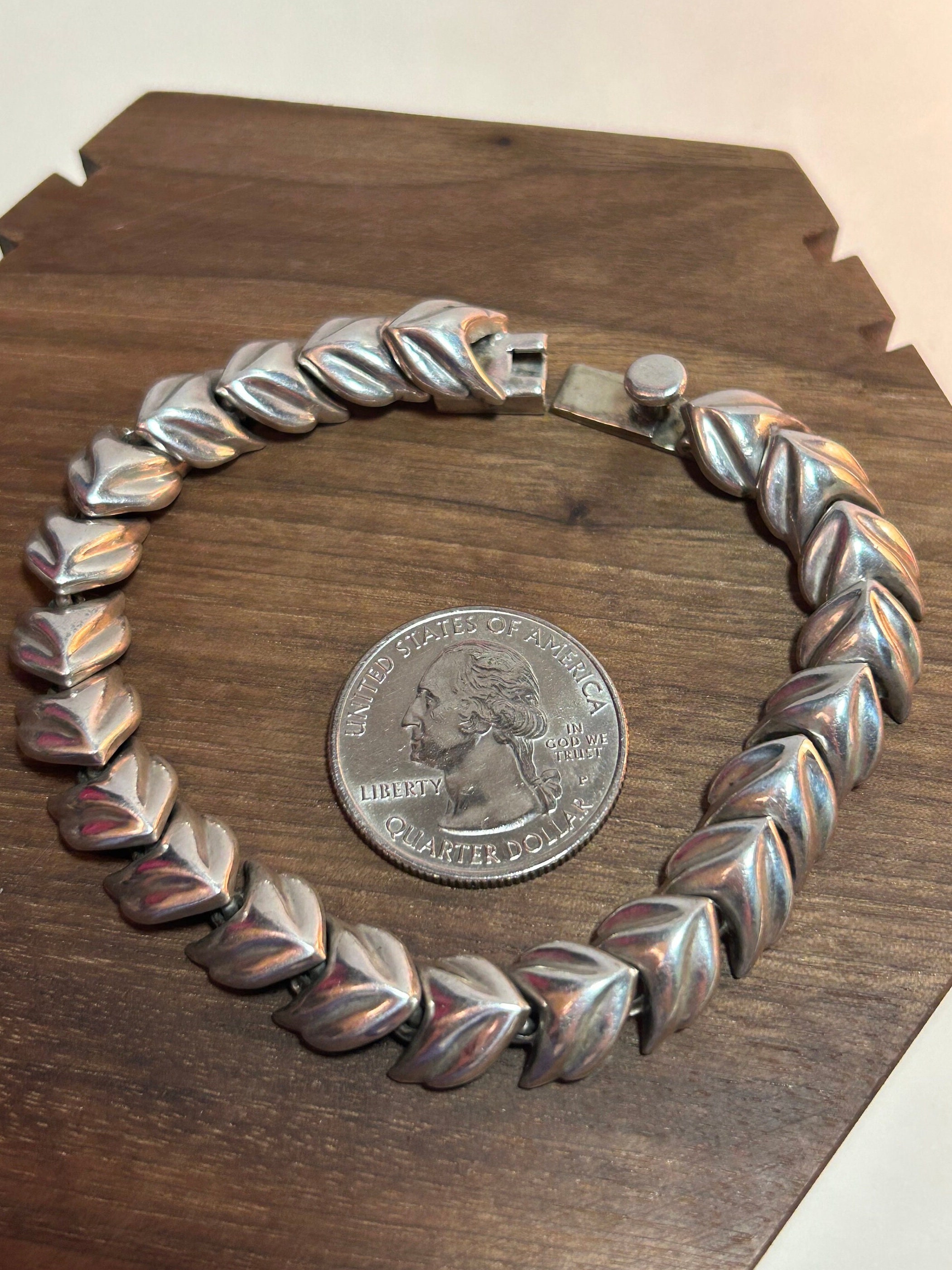 Taxco Sterling Bracelet 7.25" Tilo 40g Leaves Fox Faces Mid Century 925 ...