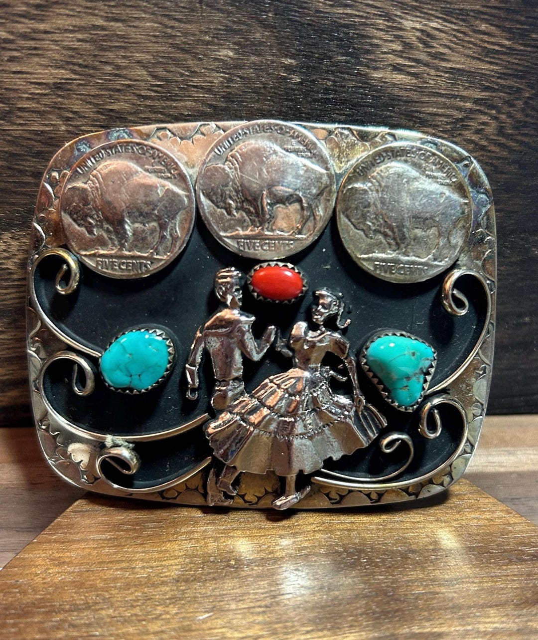 Navajo Turquoise Red Coral Buffalo Nickels Belt Buckle Sterling Silver ...