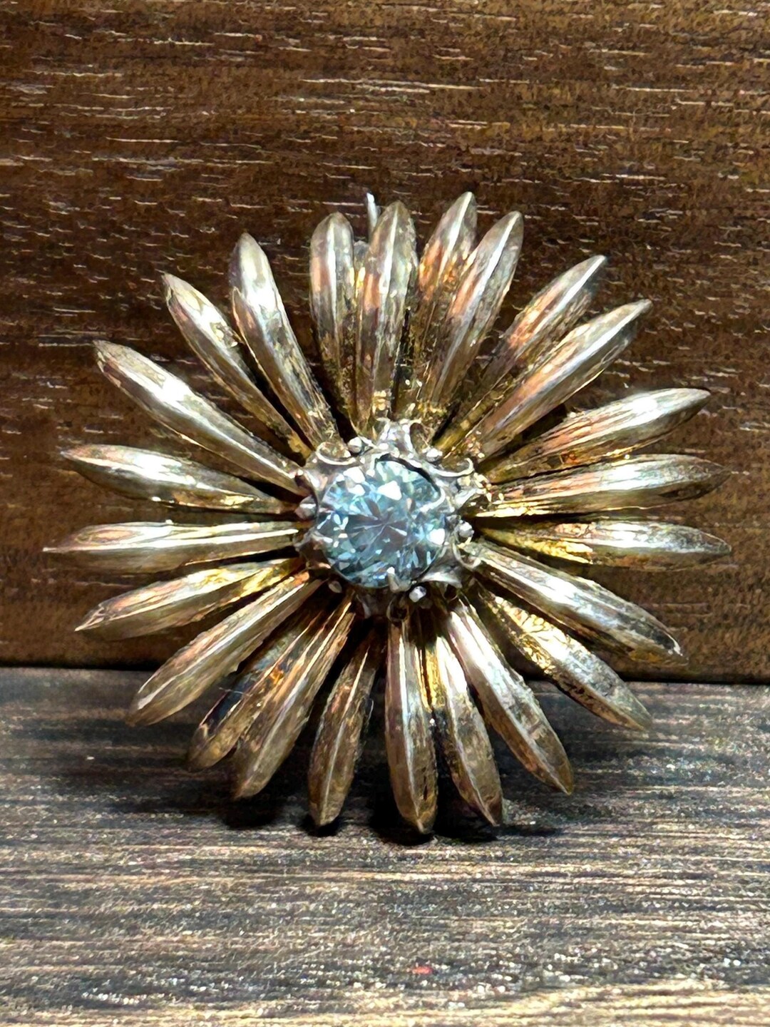 14K Blue Topaz Flower Brooch Pin 1ct 30s Symmetalic 14KT Gold 925 ...