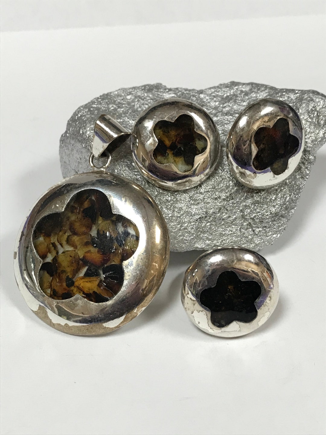 HUGE Danish Amber Set Pendant Earrings Adjustable Ring Silver Denmark ...