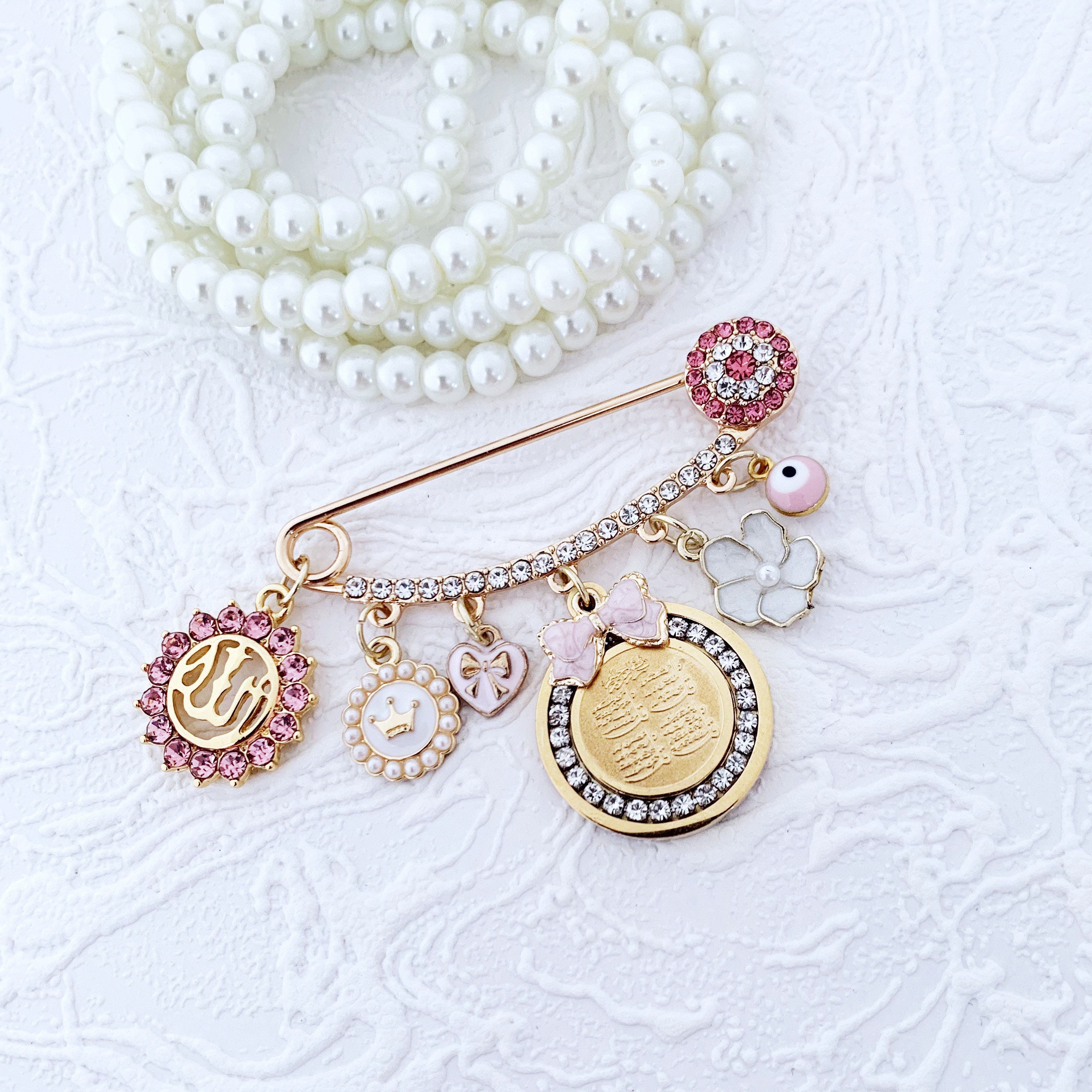 Diamante Allah & 4 Qul Baby Pin, Pink Rhinestone Safety Pin, Religious ...