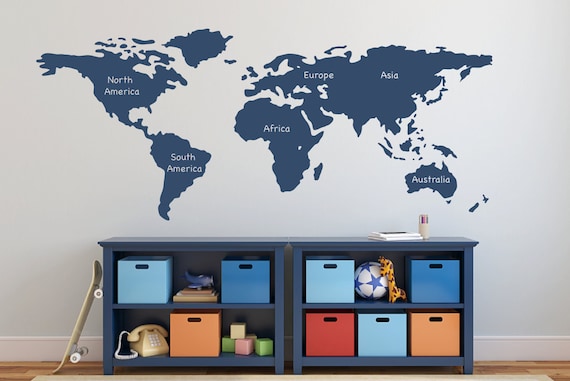 World Map Wall Decal With Continents Vinyl Wall Sticker Decals - Etsy