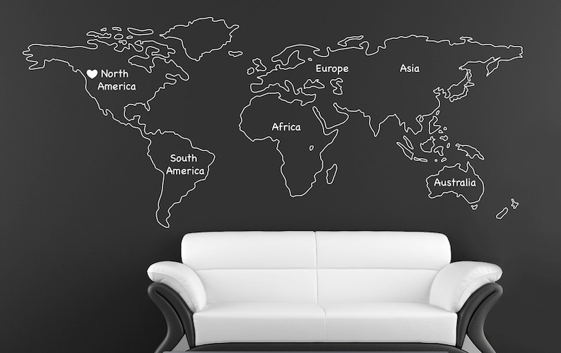 Outlined World Map Decal With Continents Vinyl Wall Sticker Decals Home ...