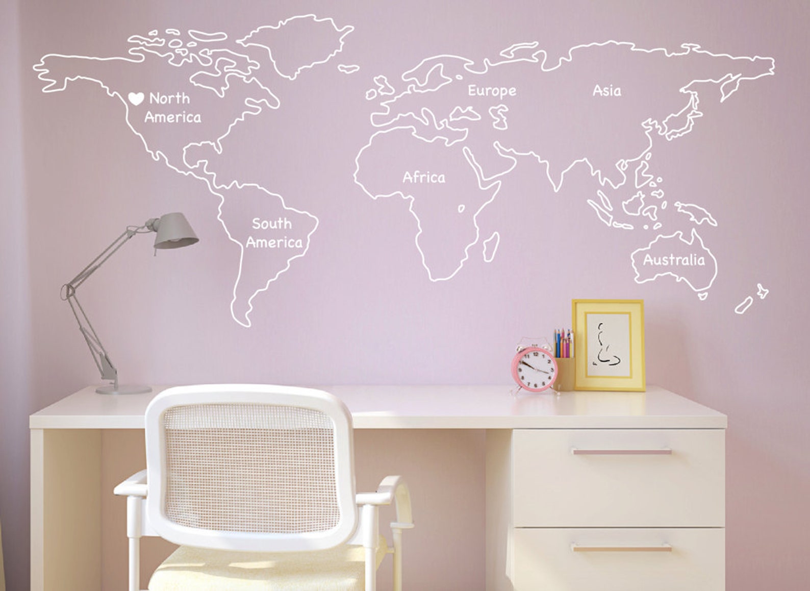 Outlined World Map Decal With Continents Vinyl Wall Sticker Decals Home ...