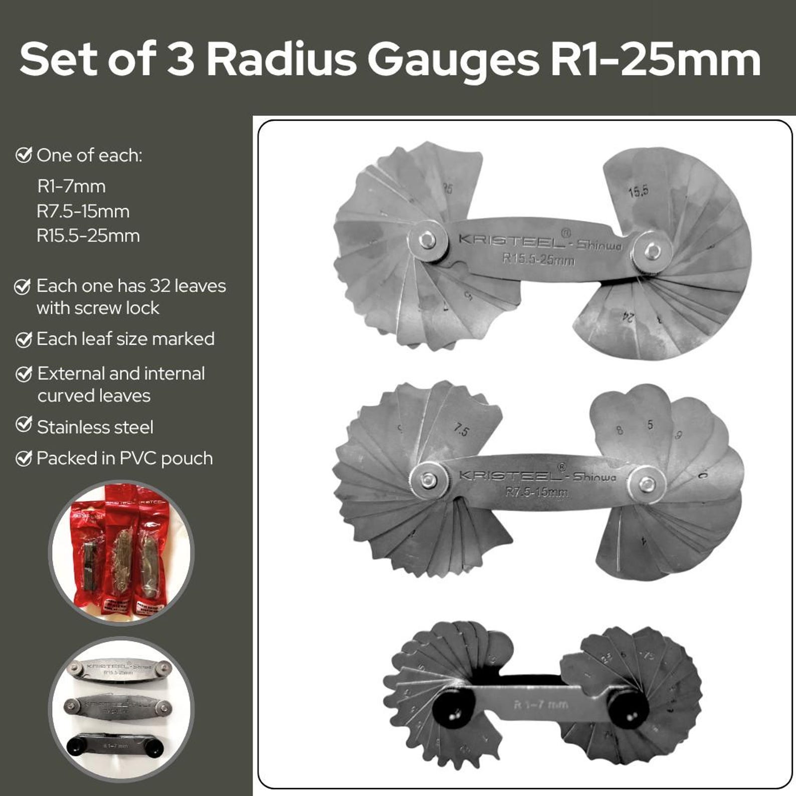 Proops Set X 3 , 1 - 25mm Radius Gauge, Dual End, Measuring, Folding ...