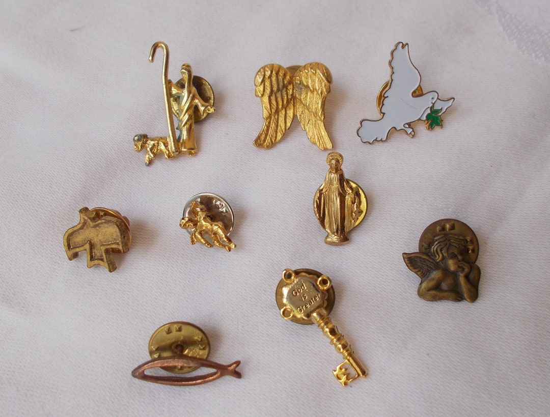 Set of 9 RELIGIOUS HAT PINS Shepherd Mary Figure Dove Fish Angel ...