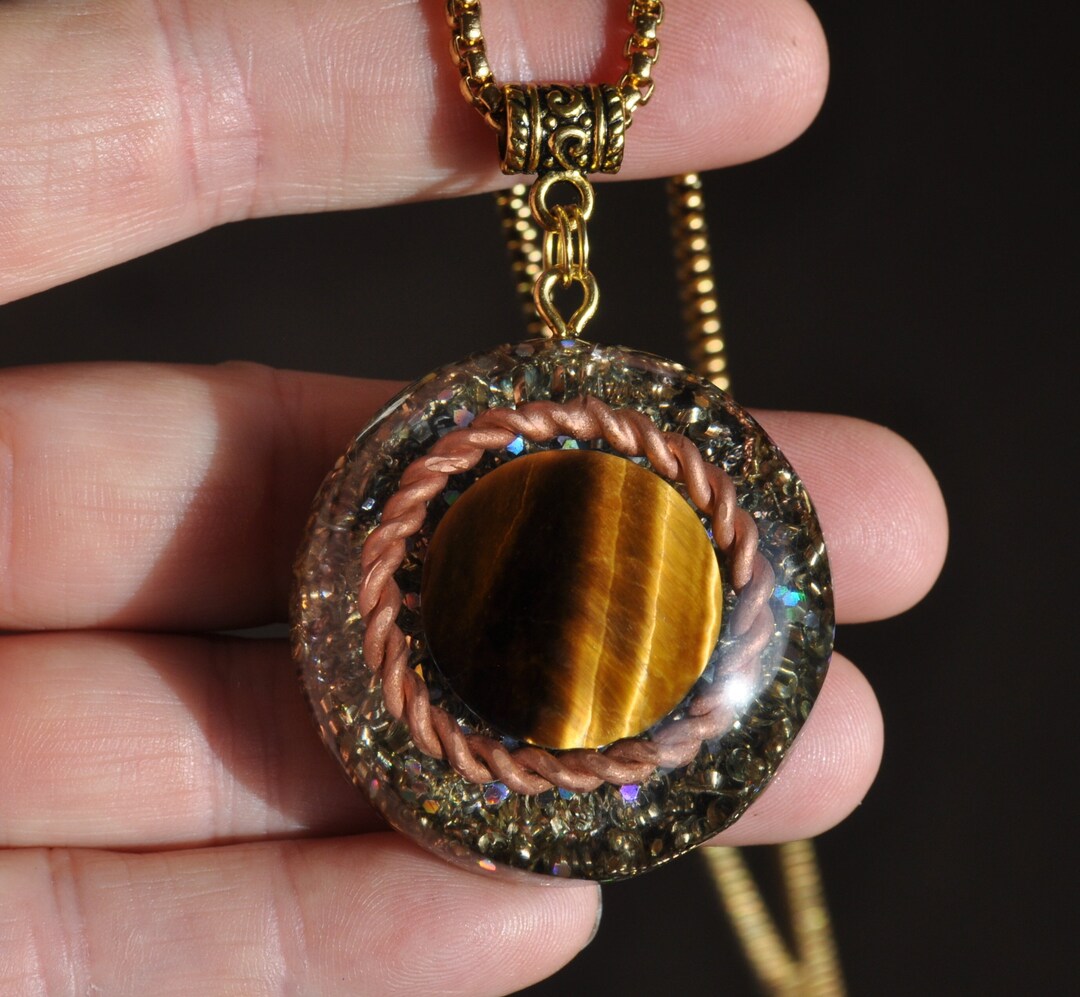 COPPER TENSOR Ring Tiger's Eye Orgone Orgonite® Pendant EMF Harmonizer ...