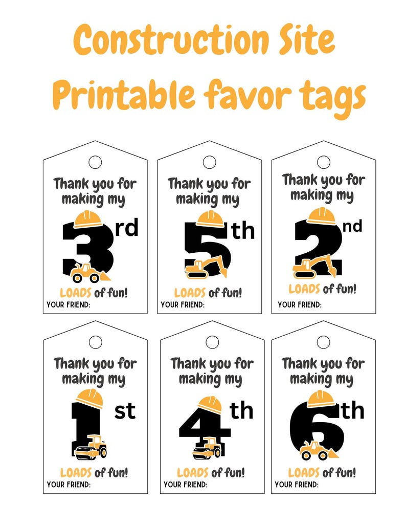 Construction Birthday Tags Printable - Etsy