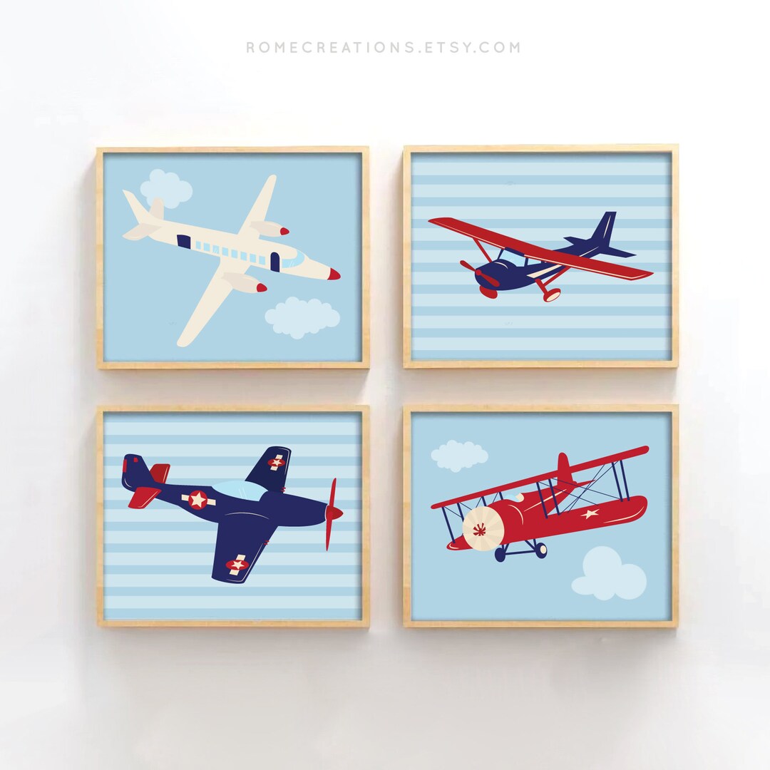 Airplane Nursery Wall Art Set of 4, Aviation Theme Boys Room Decor ...