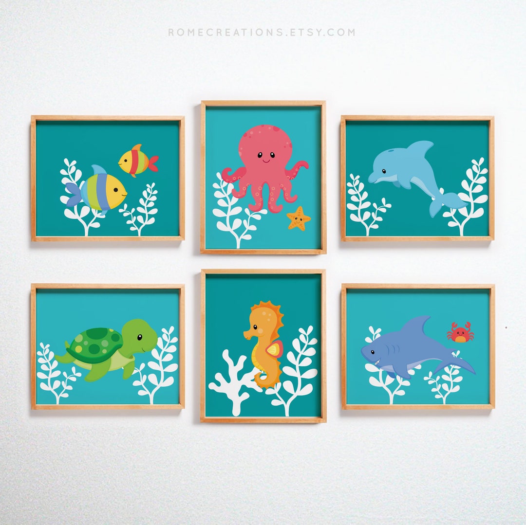 Sea Animals Nursery Prints, Ocean Nursery Decor, Set of 6 Sea Life ...