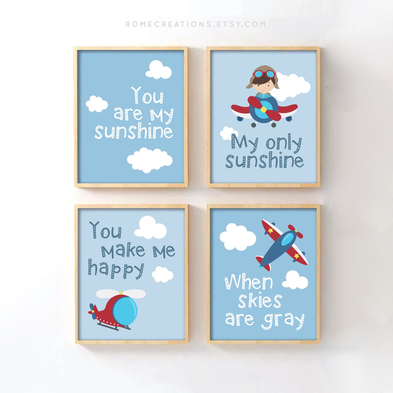 Airplane Nursery Wall Art Set of 4 – Baby Boy Sunshine Quote Prints ...