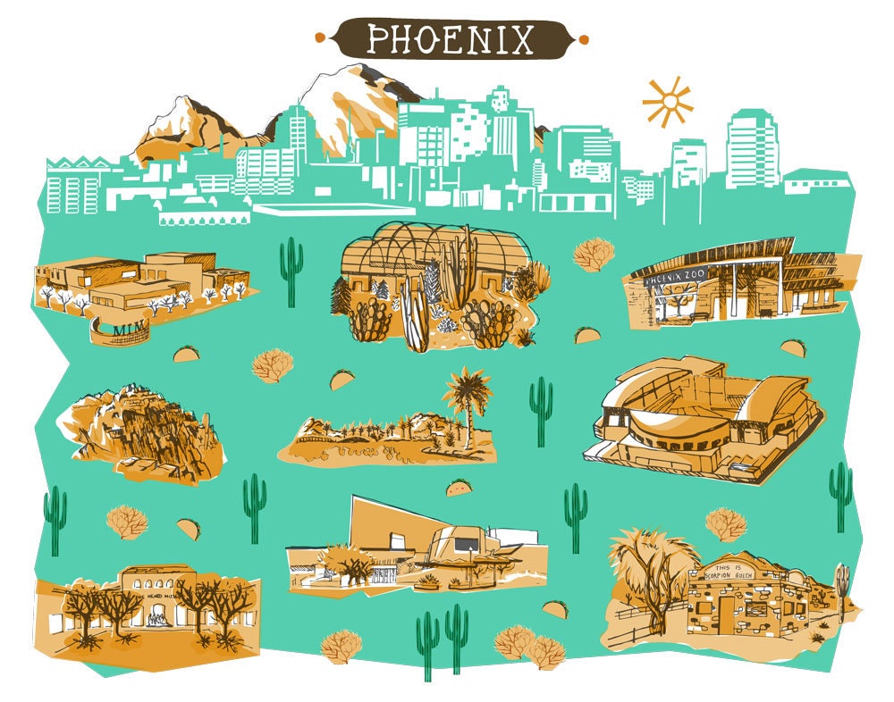 Phoenix Arizona Wall Art-2 Color City Illustration-custom City - Etsy