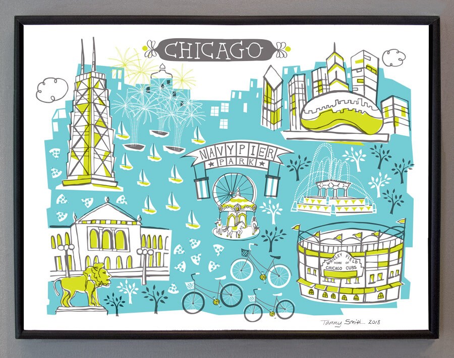 Wall Art-chicago-art Print-3 Color-city Illustrations-10x8-you | Etsy