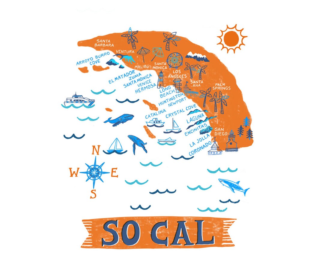 So Cal Beaches Wall Art-color Beach Illustration-custom City - Etsy