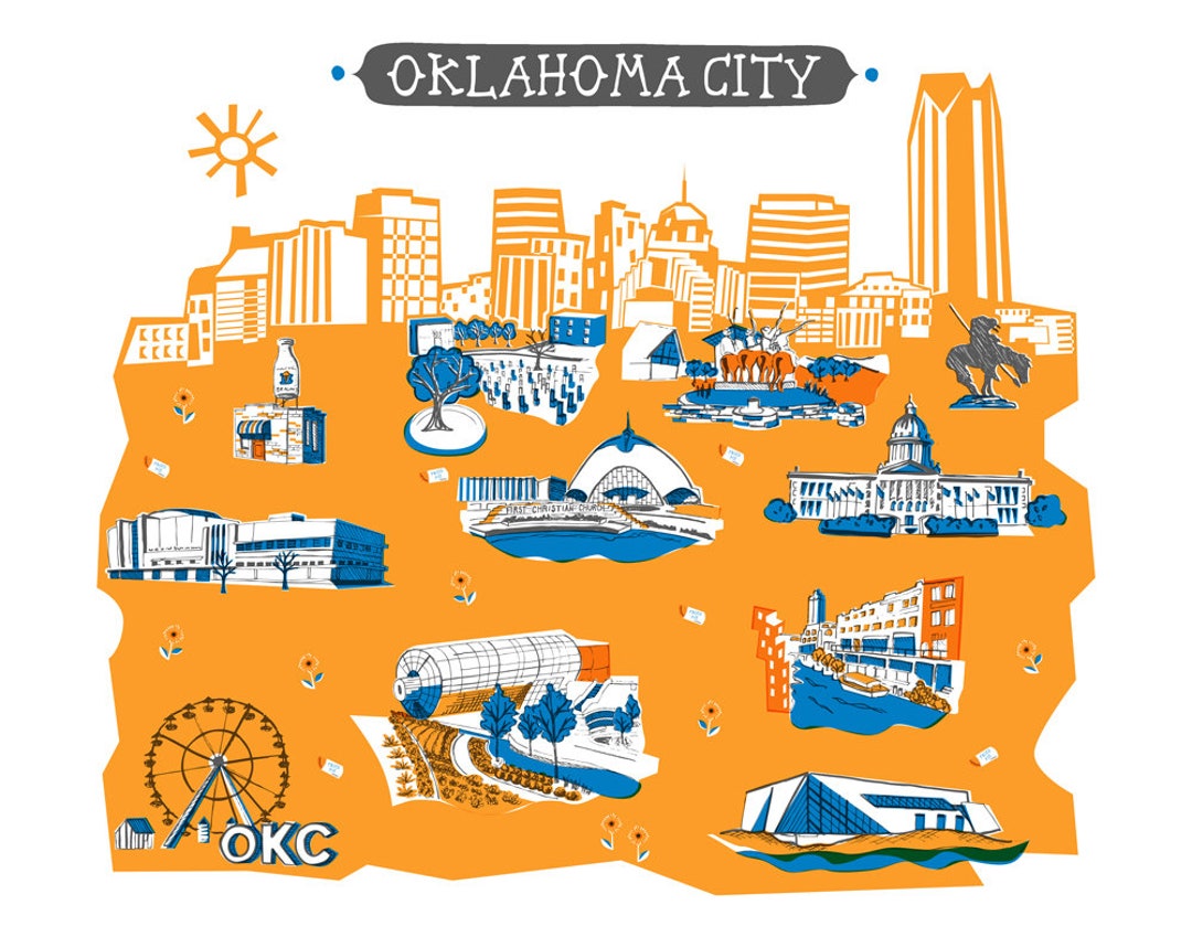 Wall Art-oklahoma City Oklahoma-art Print-3 Color-city Illustrations ...