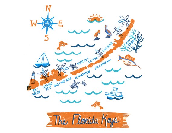 Florida Keys Wall Art-color Beach Illustration-custom City - Etsy