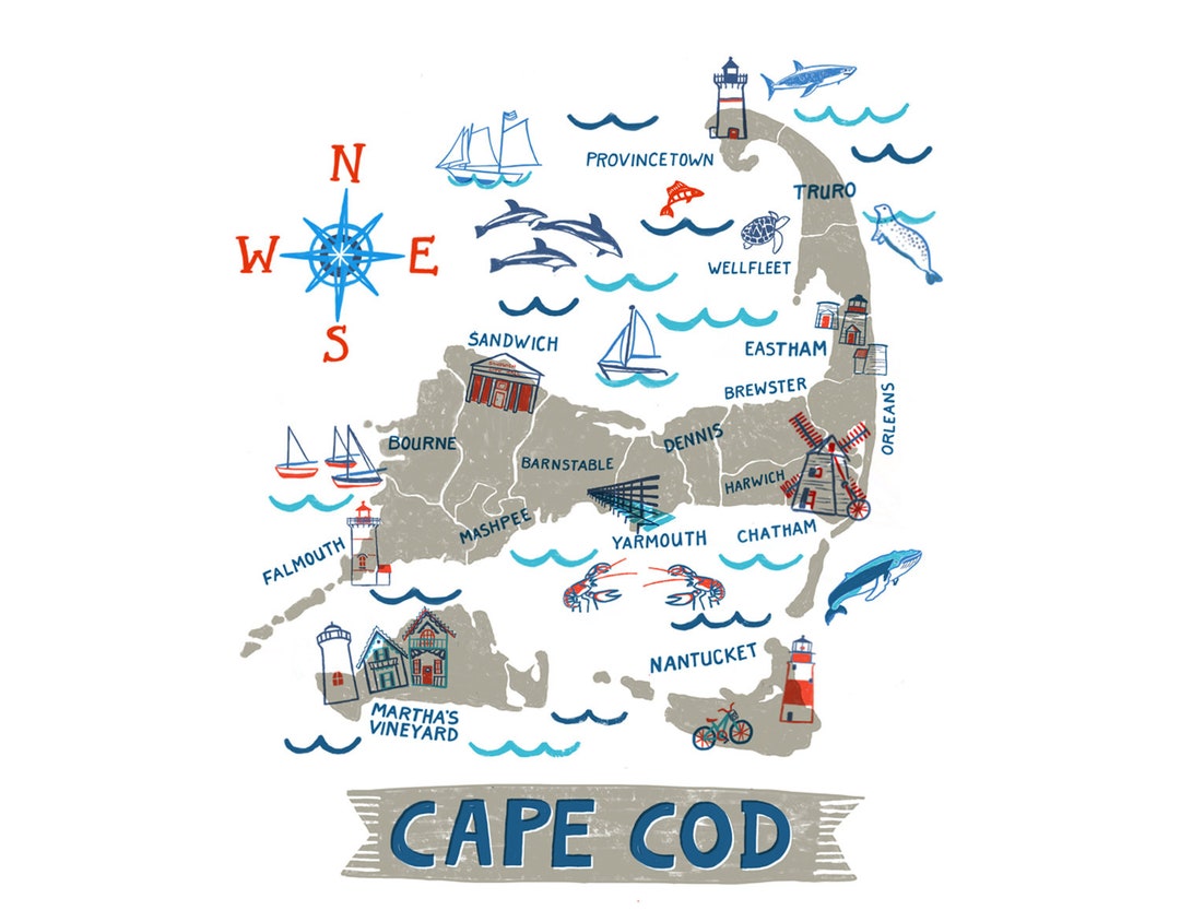 Cape Cod Wall Art-color Beach Illustration-custom City Print - Etsy