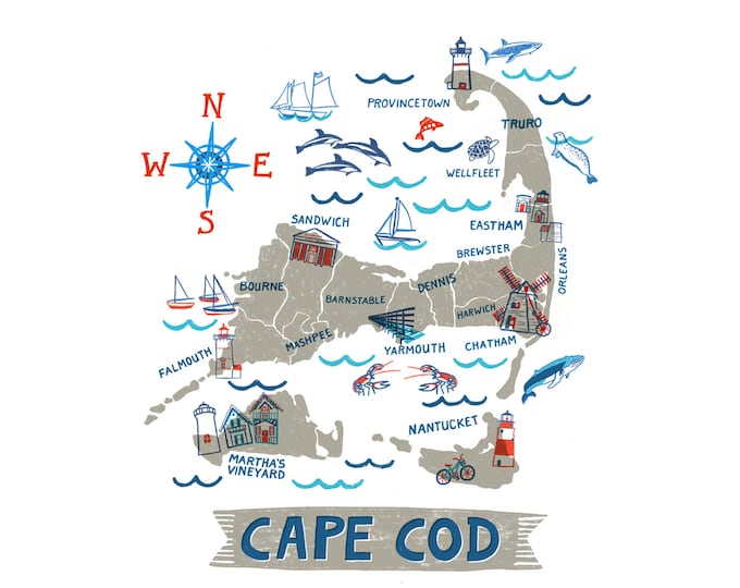 Cape Cod Wall Art-color Beach Illustration-custom City Print - Etsy