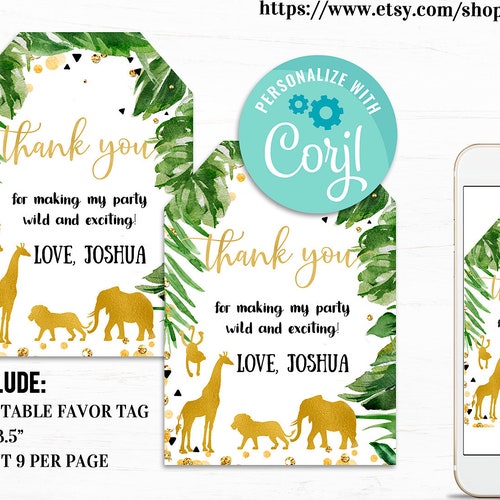 Wild One Favor Tags Editable Jungle Gold Thank You Tags - Etsy