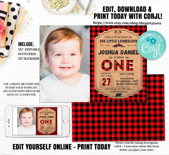 Editable Lumberjack invitation, Buffalo Plaid Woodland, first birthday ...