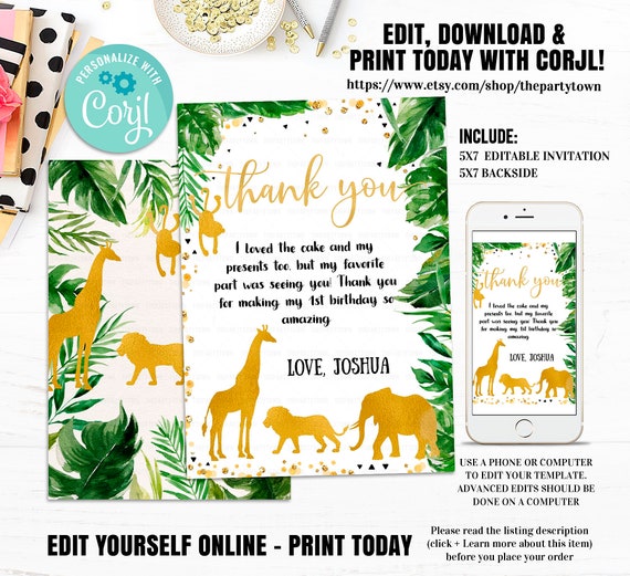 Editable Jungle Thank you card, Gold WILD Thank you note, Safari Note ...